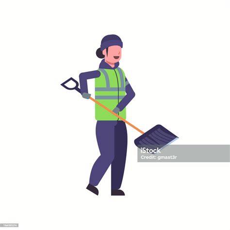 여성 청소기 들고 플라스틱 삽 눈 제거 겨울 거리 청소 서비스 개념 평면 전체 길이 개념에 대한 스톡 벡터 아트 및 기타 이미지 개념 거리 겨울 Istock