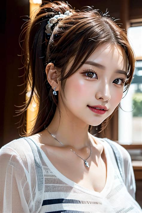 한 여자머리핀목걸이피어싱아래에서 위를 올려다보고 Seaart Ai