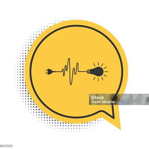 흰색 배경에 격리 된 검은 와이어 플러그 와 전구 아이콘 하트 비트의 형태로 플러그 램프 및 코드를 연결합니다 전기 및 조명의 개념 노란색 음성 버블 기호입니다 벡터 혁신