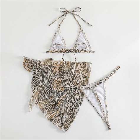 Leopard String Thong Halter Micro Slide Triangle Brazilian Three Piece