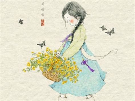 애기똥풀 한복소녀 일러스트레이션 양귀비 꽃 그리기