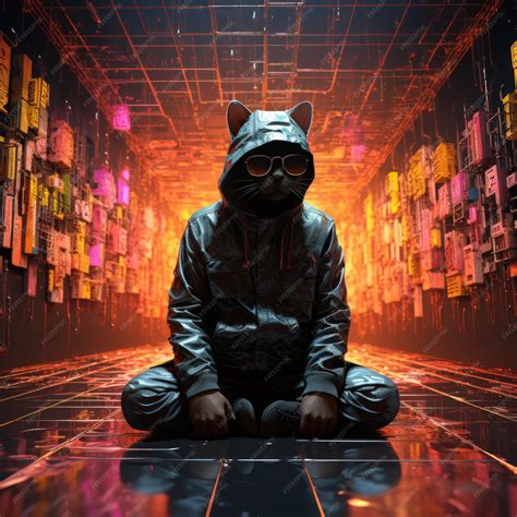 Premium Ai Image Captivating Neon Matrix Cat Art A Dazzling Feline Amidst Matrix Digital Rain