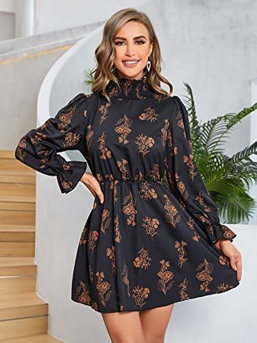 Floerns Womens Mock Neck Long Sleeve Floral Print Ruffle Short Dress