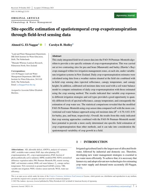 PDF Sitespecific Estimation Of Spatiotemporal Crop Evapotranspiration Through Fieldlevel