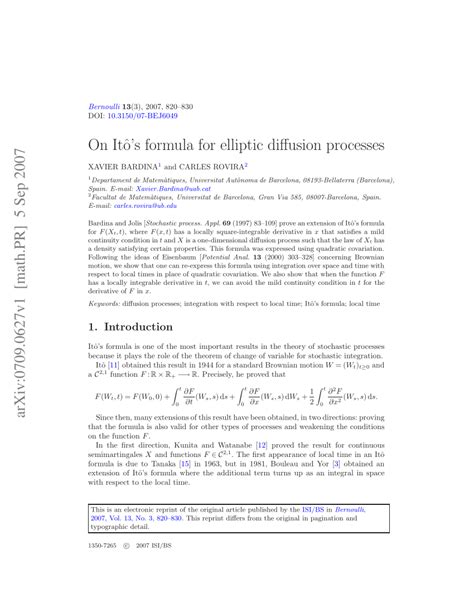Pdf On It {o}s Formula For Elliptic Diffusion Processes