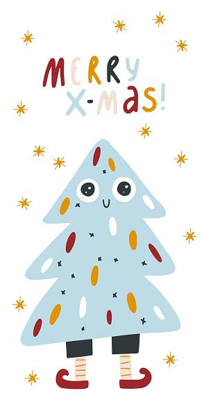 크리스마스 세로 엽서 배너입니다 얼굴과 다리가 있는 크리스마스 트리 메리 크리스마스 레터링 손으로 그린 심플한 모던한 아이 스타일의 귀여운 캐릭터 제한된 추세 팔레트의