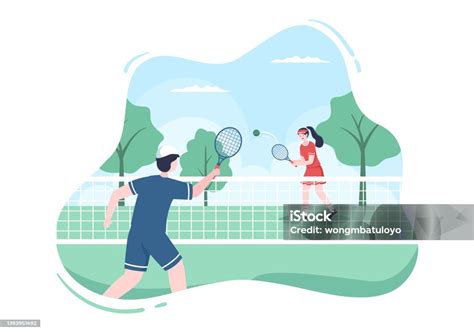 손에 라켓을 들고 코트에서 공을 가진 테니스 선수 플랫 카툰 일러스트레이션에서 스포츠 경기를하는 사람들 Championship에 대한 스톡 벡터 아트 및 기타 이미지