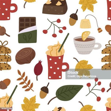 크림 케이크 커피 라떼 초콜릿 쿠키 밤 딸기 및 잎이있는 완벽한 아늑한 가을 패턴 따뜻한 가을을위한 벡터 일러스트 레이 션 옷 포장 직물 종이에 인쇄 10월에 대한 스톡