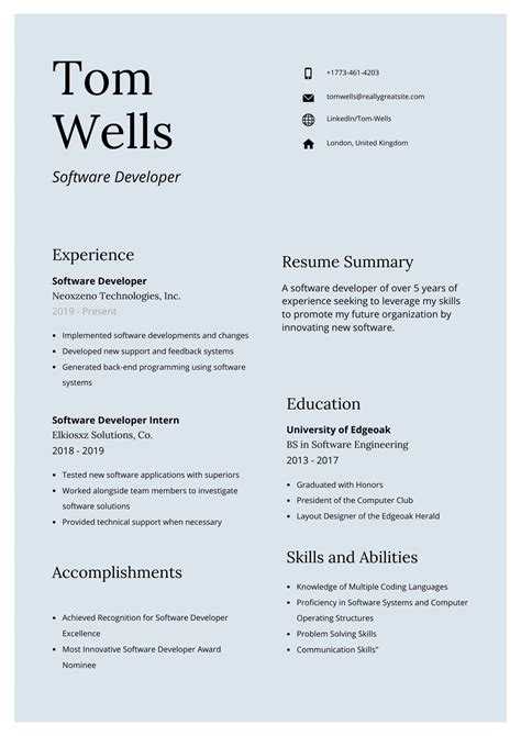 Resume Example For A Software Developer