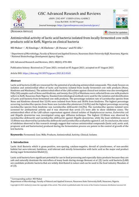 Pdf Antimicrobial Activity Of Lactic Acid Bacteria Isolated From Locally Fermented Cow Milk