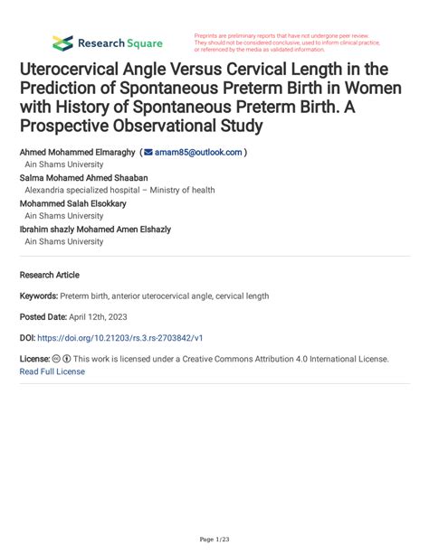 PDF Uterocervical Angle Versus Cervical Length In The Prediction Of Spontaneous Preterm Birth
