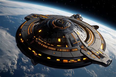 Futuristic Spaceship Orbiting Earth In Outer Space Showcasing Advanced
