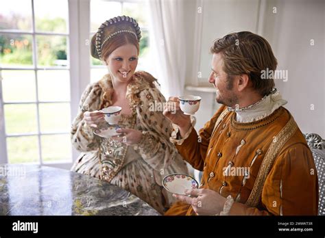 King Queen And Couple With Tea In Castle Smile And Conversation In