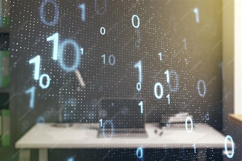Premium Photo Creative Abstract Binary Code Sketch And Modern Desk With Computer On Background