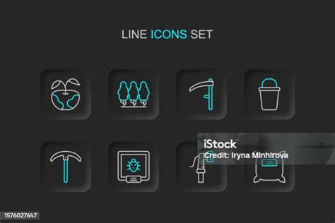 씨앗 정원 호스 콜로라도 딱정벌레 곡괭이 양동이 낫 과일 나무 및 사과 아이콘으로 가득 찬 세트 라인 팩 벡터 감자 요리에 대한 스톡 벡터 아트 및 기타 이미지 Istock