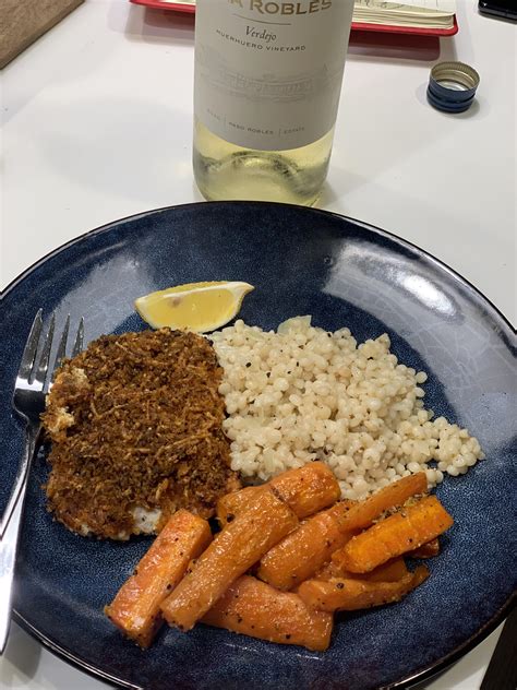 Crispy Parmesan Chicken With Garlic Scallion Couscous And Lemony Roasted