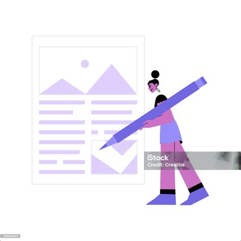 여성 캐릭터 큰 연필을 들고 문서 옆에 편집 콘텐츠 생성 및 디자인을 상징하는 평면 벡터 일러스트 레이 션 흰색 배경에 고립 된 개념에 대한 스톡 벡터 아트 및 기타 이미지