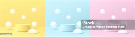 분홍색 노란색 파란색 3d 실린더 받침대 연단 배경에는 튀는 흰색 공이 있습니다 벽 최소 장면 모형 제품 무대 진열장 화장품 배너 프로모션 디스플레이 3d 추상 플랫폼 0