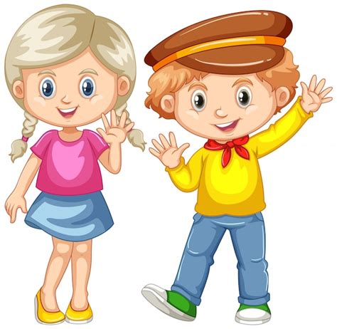 Jongen En Meisje Zwaaiende Handen Gratis Vector