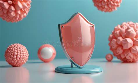 Pink Shield Shaped Object With White Center And Blue Base Is Surrounded By Pink Spherical
