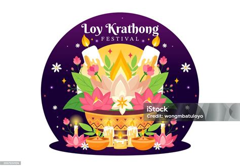 Loy Krathong 벡터 일러스트 레이 션 의 축제 축하 태국 에 있는 등불 와 Krathongs 와 물 디자인 에서 평면