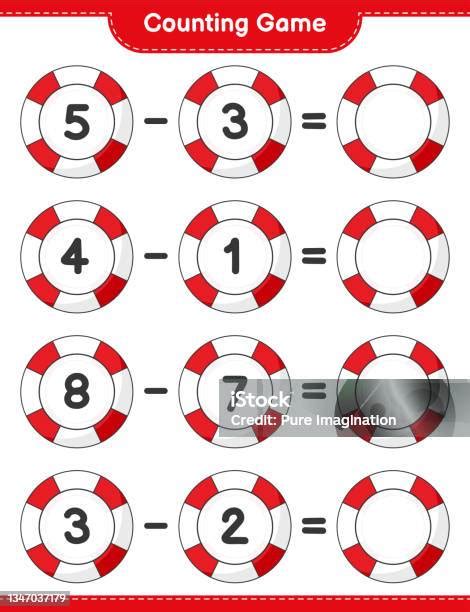 게임을 계산하고 Lifebuoy 수를 계산하고 결과를 작성합니다 교육 어린이 게임 인쇄 워크 시트 벡터 일러스트레이션 0명에 대한 스톡 벡터 아트 및 기타 이미지 Istock