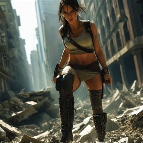 Giantess Lara Croft Crushing Buildings Photorealistic Apocalyptic