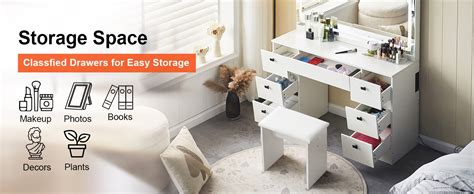 TUKAILAi White Dressing Table Set With Charging Station Adjustable LED Lights Vanity Table With