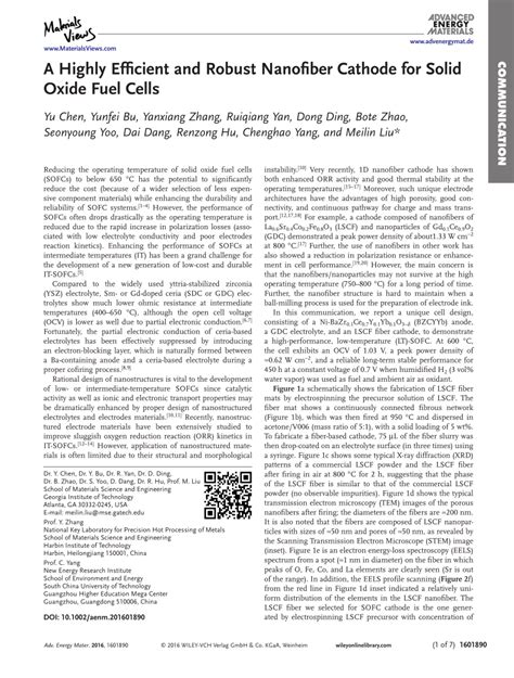 Pdf A Highly Efficient And Robust Nanofiber Cathode For Solid Oxide Fuel Cells