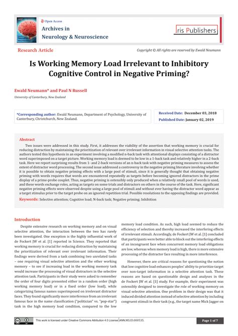 Pdf Is Working Memory Load Irrelevant To Inhibitory Cognitive Control