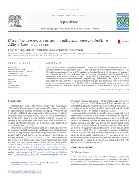 Pdf Effect Of Cryopreservation On Sperm Motility Parameters And Fertilizing Ability Of Brown