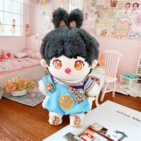 棉花娃娃20cm厘米娃衣服明星公仔正常体胖胖体蓝色熊爪爪背带裤 虎窝淘