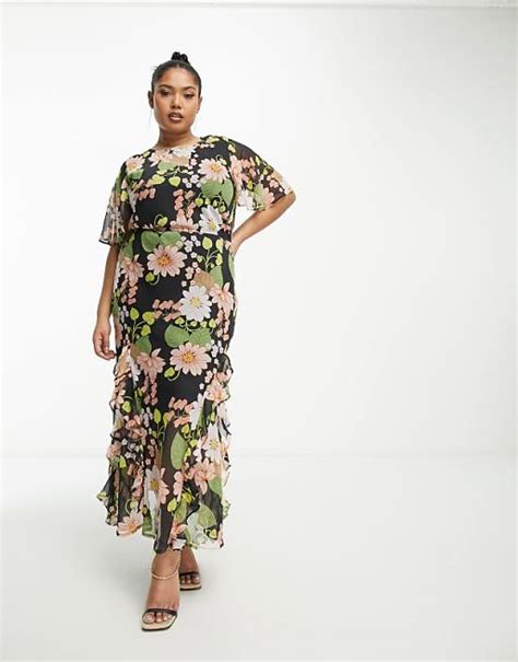 Asos Design Curve Robe Mi Longue à Fleurs En Mousseline Avec Ourlet à