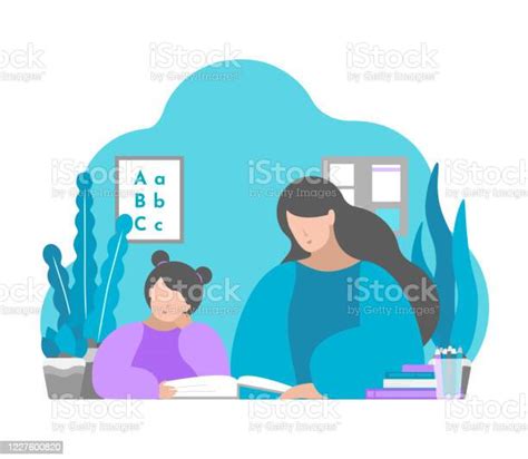 플랫 스타일의 벡터 그림입니다 어머니와 아이는 방에 앉아 알파벳을 배우고 책을 읽습니다 격리 시간 교육 부모의 도움으로 숙제를 홈 스쿨링 흰색 배경 개인 지도 교사에 대한