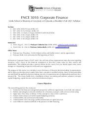 FNCE3010 Syllabus Fall2021 1 Pdf FNCE 3010 Corporate Finance Leeds