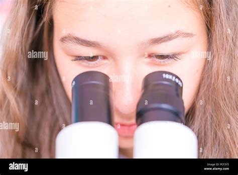 Babe Girl Use Microscope Stock Photo Alamy