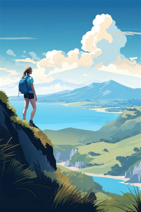 Adventure Girl Stands On Cliff In The River Nature Landscape Ai