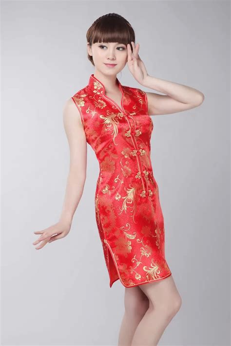 Chinese Traditional Red Dress Womens Silk Satin Mini Cheongsam Size S