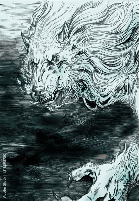 Illustration Of A Werewolf Underwater With Bubbles Coming From Their Nose And Mouth Stock