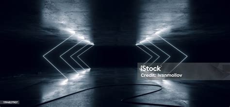 공상 과학 소설 네온 빛나는 빛 파란색 모양의 라인 케이블 플러그 바닥 레이저 스튜디오 무대 쇼 밤 복고풍 미래 지향적 인 현대