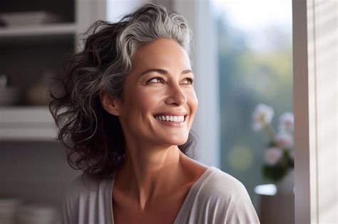 Premium Photo Beautiful Caucasian Middle Aged Woman Looks Into