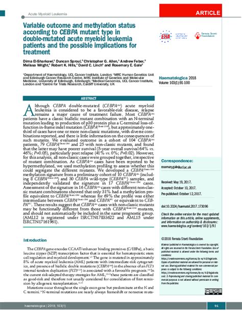 Pdf Variable Outcome And Methylation Status According To Cebpa Mutant Type In Double Mutated