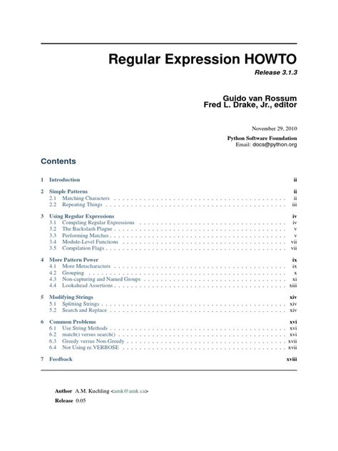 Regular Expression Howto Guido Van Rossum Fred L Drake Jr Editor
