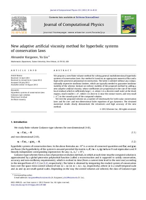 Pdf New Adaptive Artificial Viscosity Method For Hyperbolic Systems Of Conservation Laws