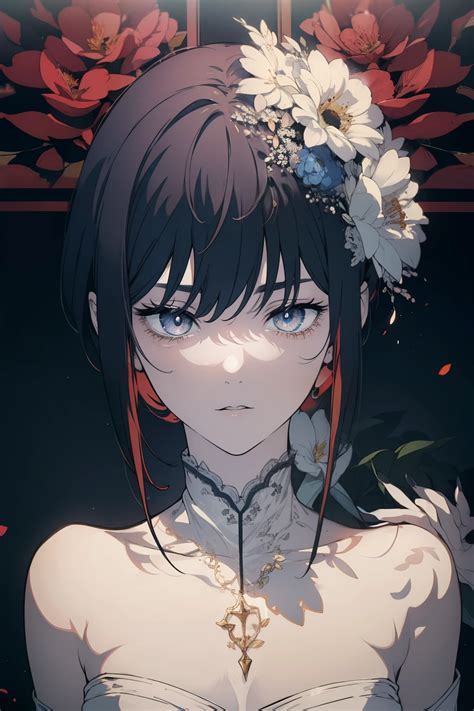Anime Girl With Flowers In Her Hair And A Cross On Her Chest SeaArt AI