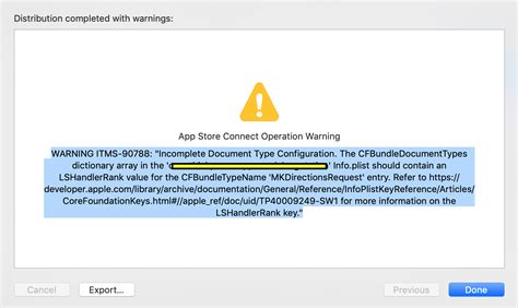 Ios Warning Itms 90788 Incomplete Document Type Configuration