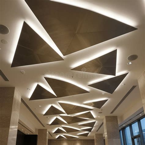 Ceiling With Geometric Triangular Designs Featuring Recessed Lighting Stock Illustration
