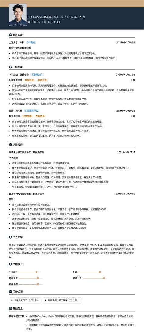 数据科学与大数据技术专业简历模板 免费在线制作 熊猫简历