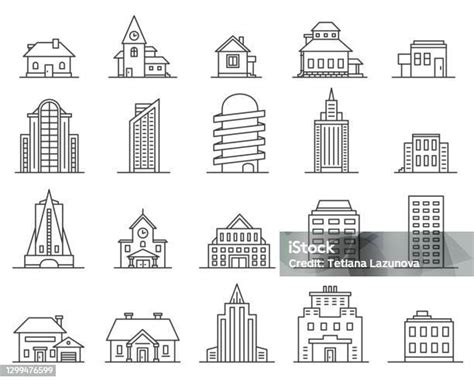 라인 고층 빌딩과 주택 도시와 마을 건물을 간략하게 설명합니다 부동산 아이콘 현대 건축과 오두막 얇은 선형 도시 벡터 세트 아파트에 대한 스톡 벡터 아트 및 기타 이미지