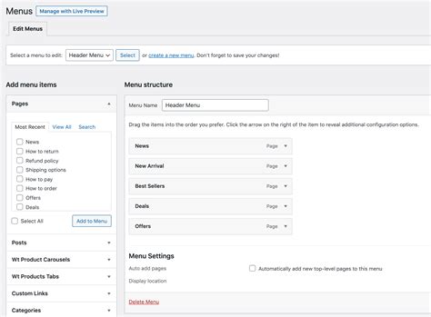 header section edit logo search header menu and cart
